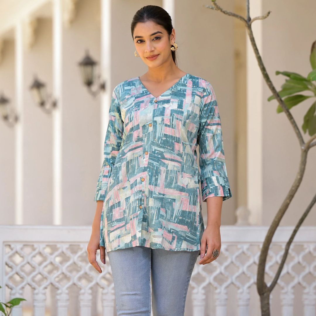 Blue Printed Rayon A-Line Top-Eyal Studio